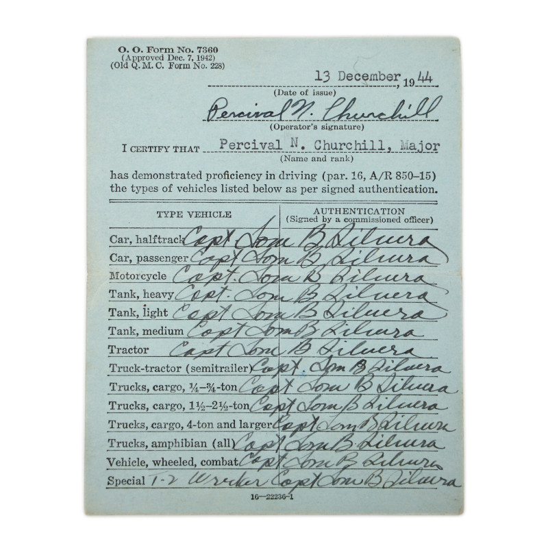 Permit, Driving, Personal, Maj. Percival Churchill, US Army