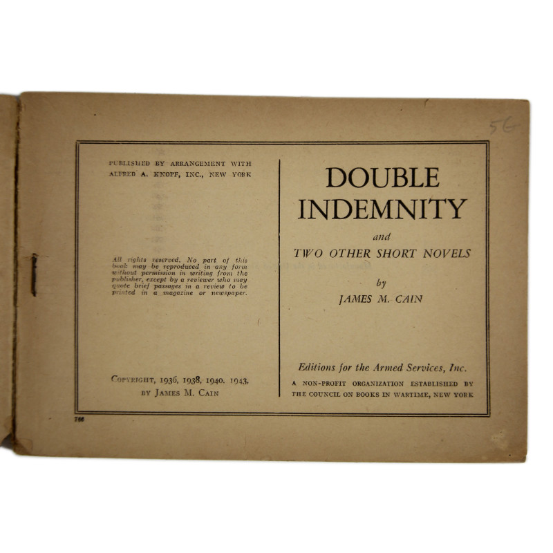 Novel, Double Indemnity, James M. Cain, Armed Services Edition, 1943 Novel, Double Indemnity, James M. Cain, Armed Services Edition, 1943