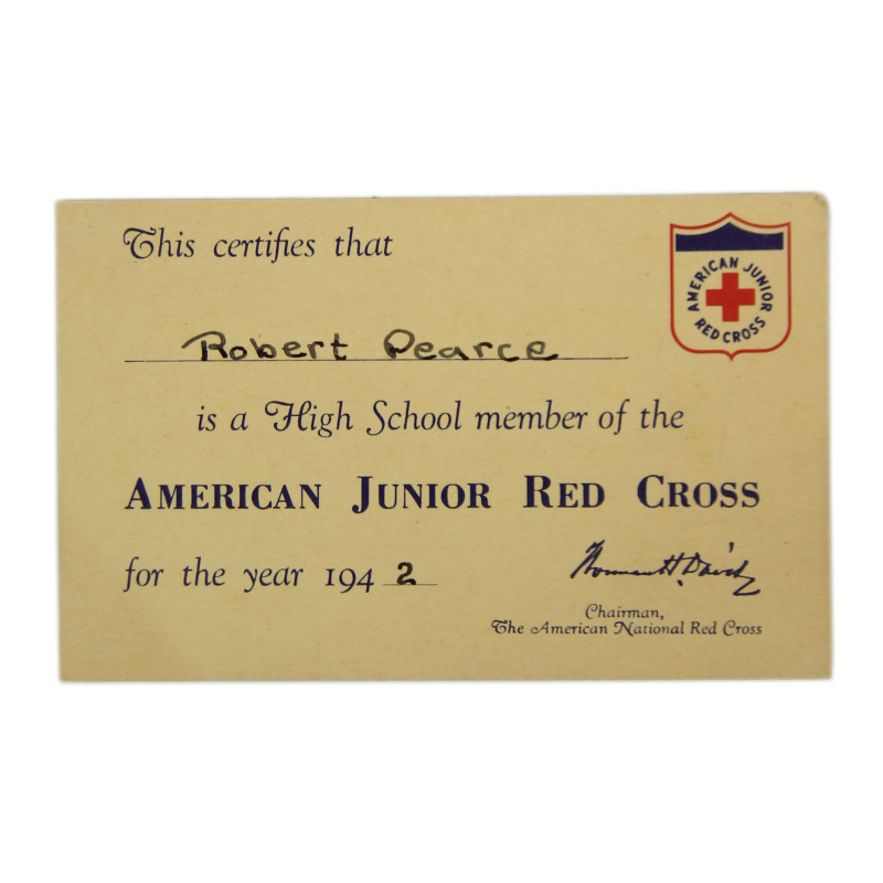 Certificat, formation de secourisme, avec carte de membre, American Red Cross, Robert Pearce ...