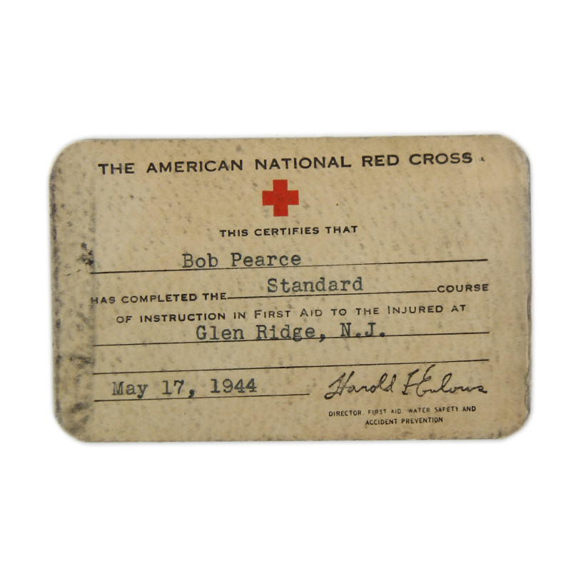 Certificat, formation de secourisme, avec carte de membre, American Red Cross, Robert Pearce ...