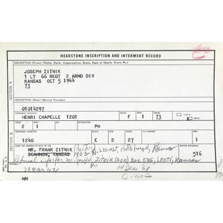 Casque de tankiste, 1st Lt. Joseph Zitnik, 66th Arm. Regt., 2nd Armored ...