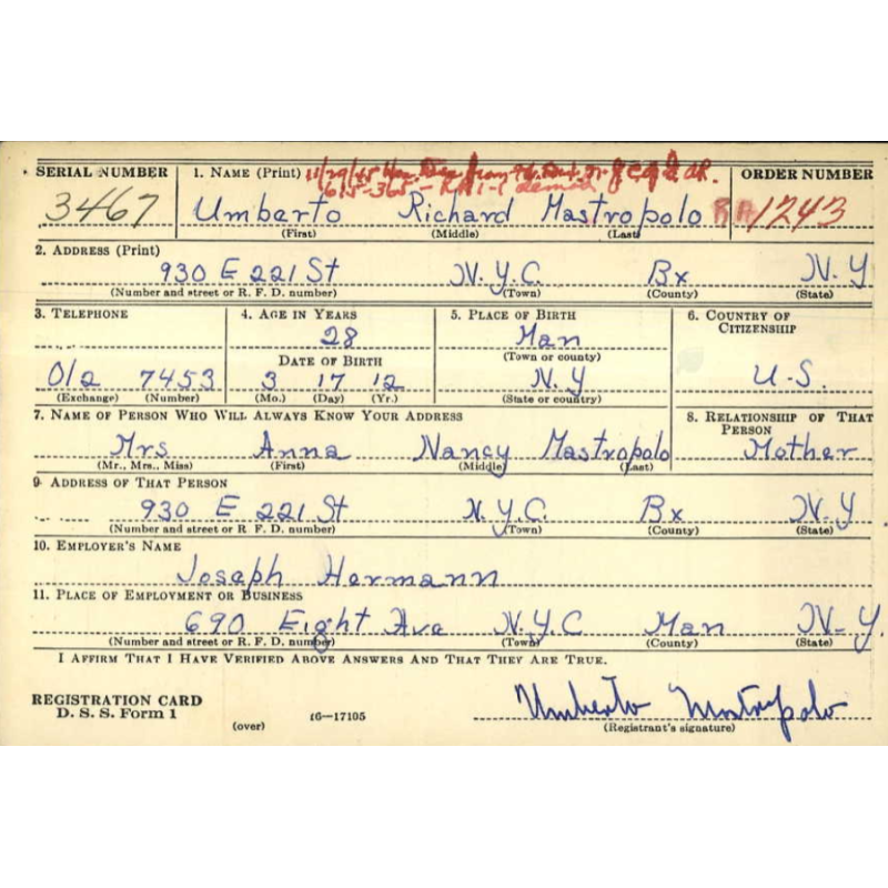 Carte d'identité médicale, 2e type, T/Sgt. Albert Mastropolo, 232nd Inf. Regt., 42nd Infantry ...