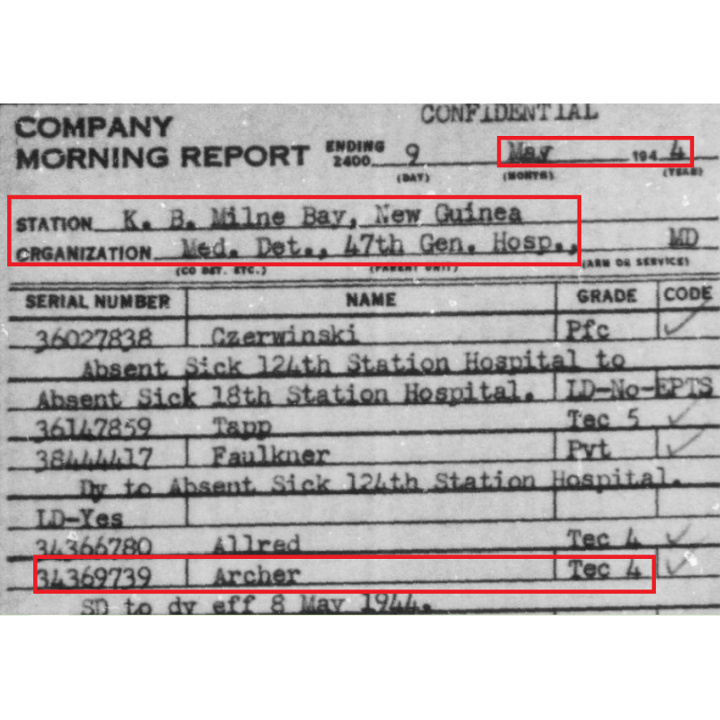 Card, Identification, Medical, 1st Type, T/4 Roy Archer, 47th General ...