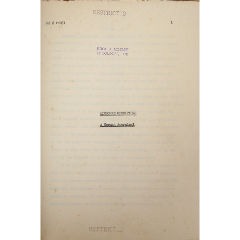 Report, Airborne Operations - A German Appraisal, Lt. Col. Hugh Mozley ...