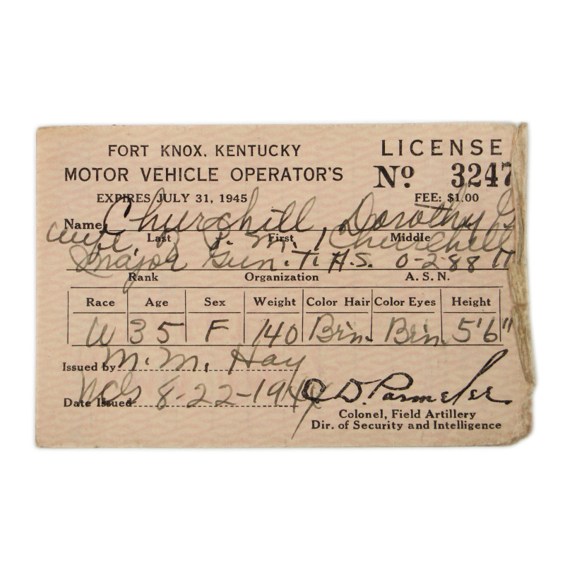 Permit, Driving, Personal, Maj. Percival Churchill, US Army