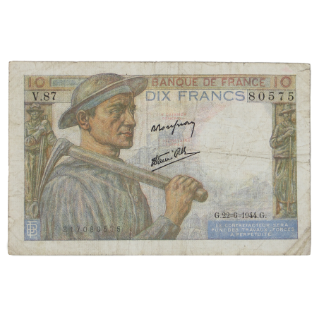 Banknote, 10 French Francs, 1944