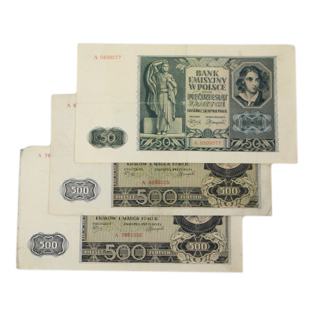 Banknotes, Polish, 50 and 500 złotych, 1940-1941