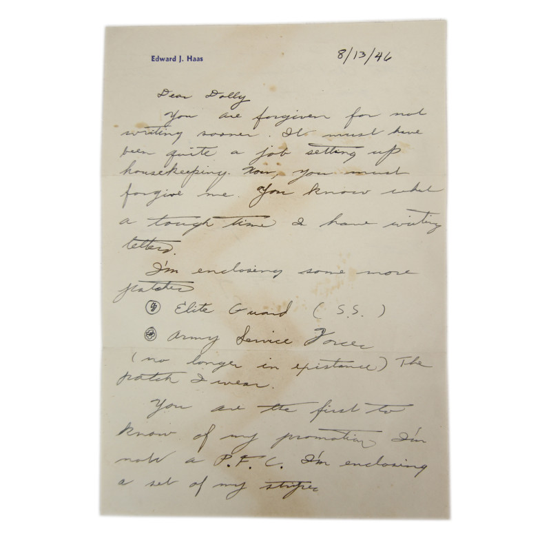 Lettre & insignes, Pfc. Edward Haas, 107th General Hospital