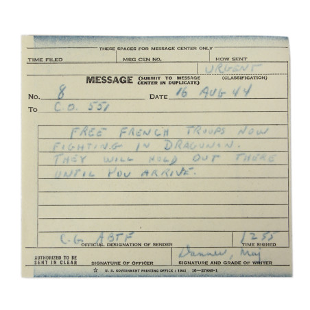 Messages, First Airborne Task Force, August 15-16, 1944, Operation ...