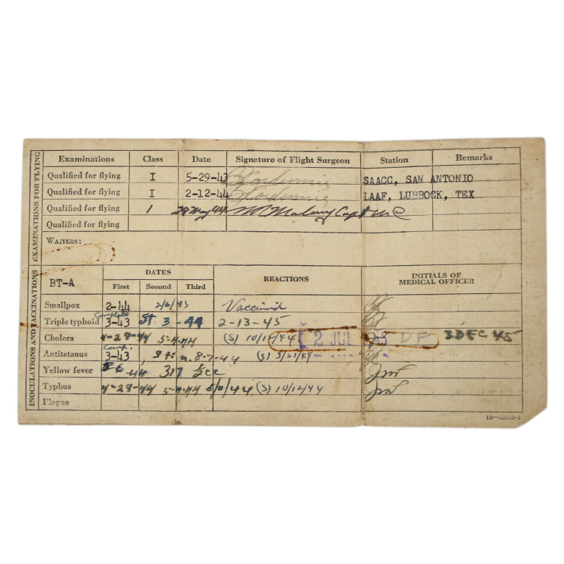 Card, Physical Record, Army Air Forces, 2nd Lt. Steward Hartman, 403rd ...