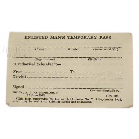 Enlisted Man's Temporary Pass, US Army, 1942